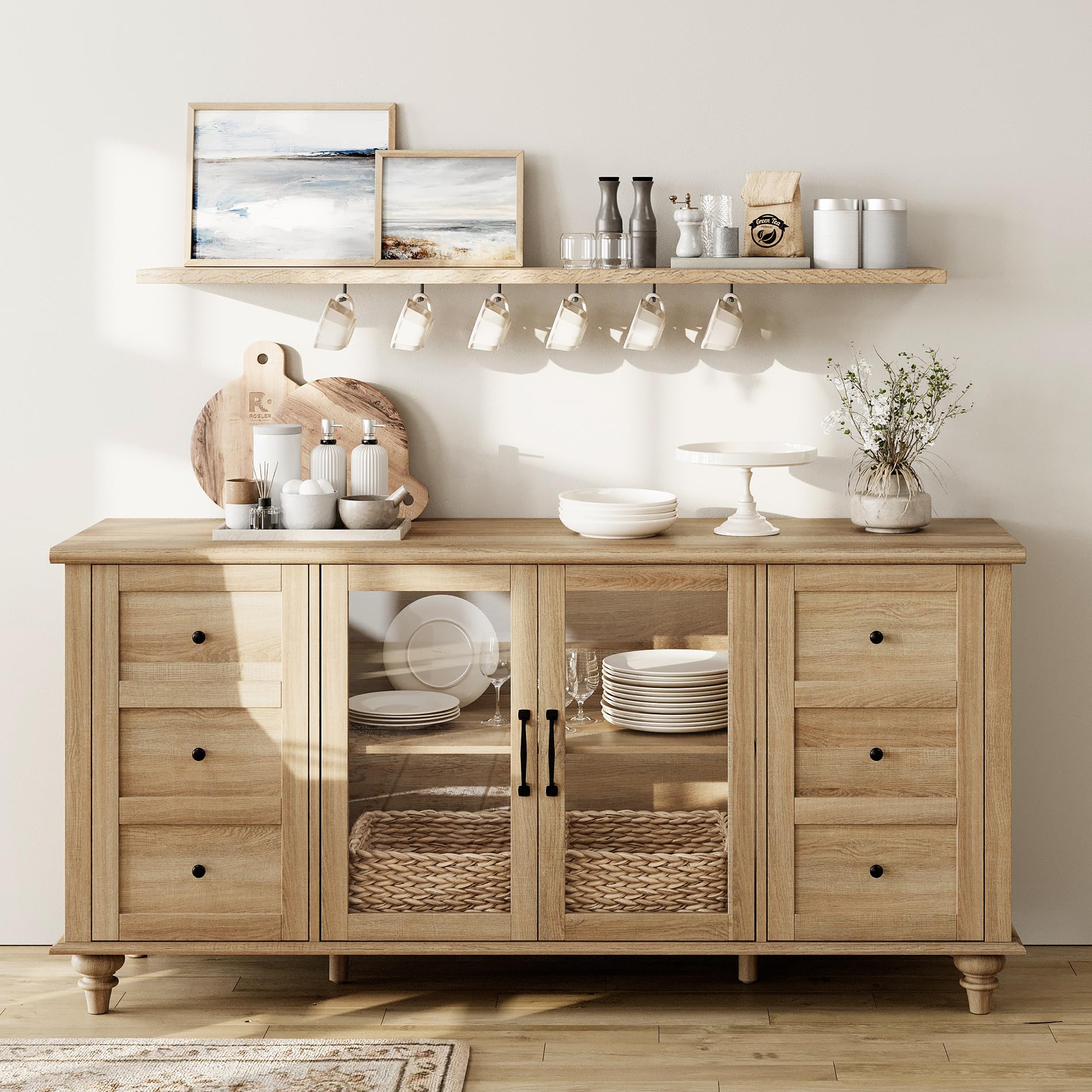 FITUEYES Sideboard Buffet Cabinets with Glass Door, Kitchen Storage Cabinets, Wood Coffee Bar Tables, Accent Sideboard Storage Cabinet Table Dining Room, Living Room,Oak
