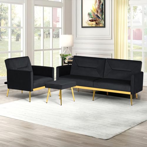 Lesofair Velvet Sofa Bed with Adjustable Backrest, Tufted Futon with Adjustable Armrests, Convertible Sleeper Couch w/Golden Legs for Living Room, Bedroom, Waiting Room, Black