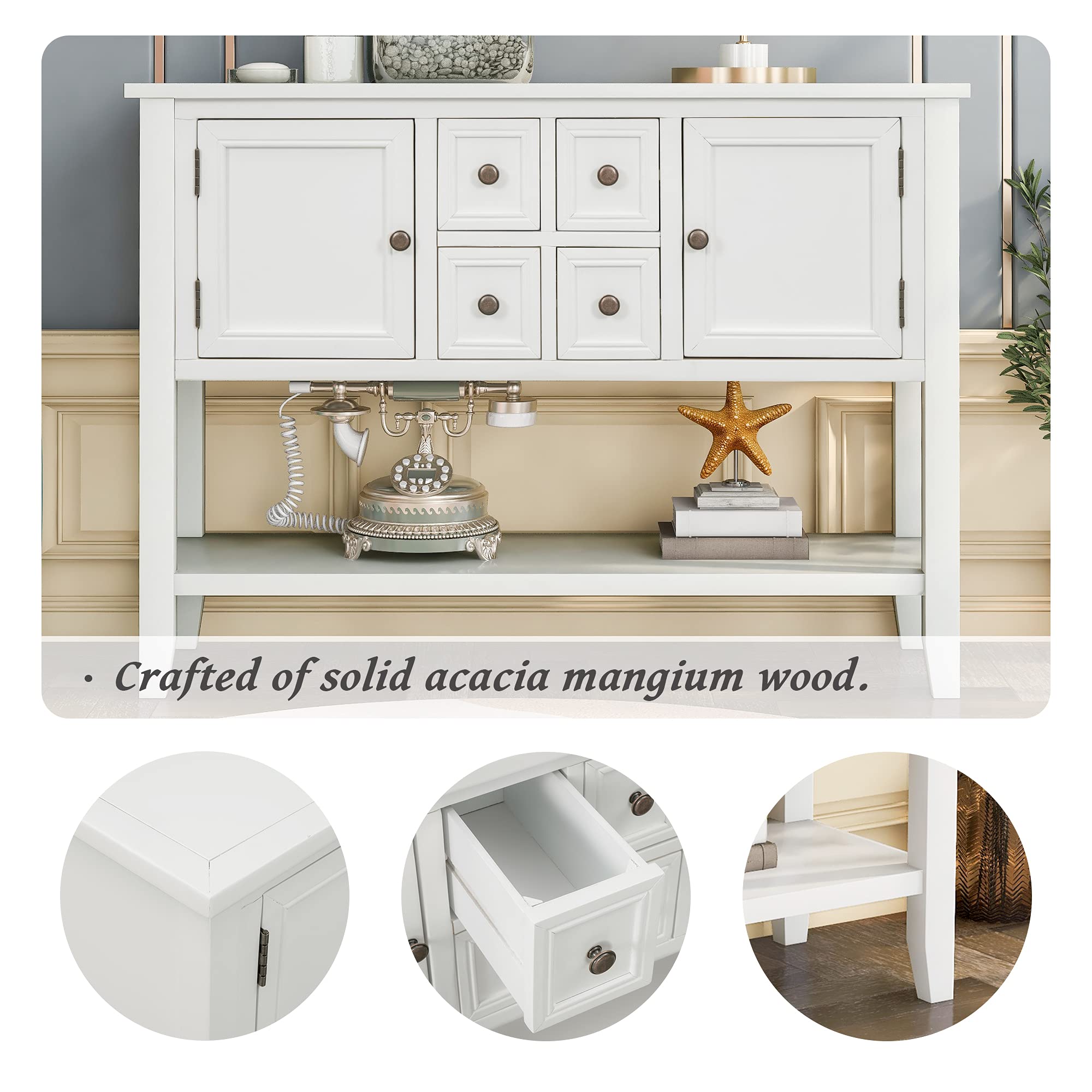 Aprilsoul Buffet Sideboard with Storage, Console Table with 4 Drawers, 2 Cabinets and Bottom Shelf for Livingroom Apartment Hallway, White