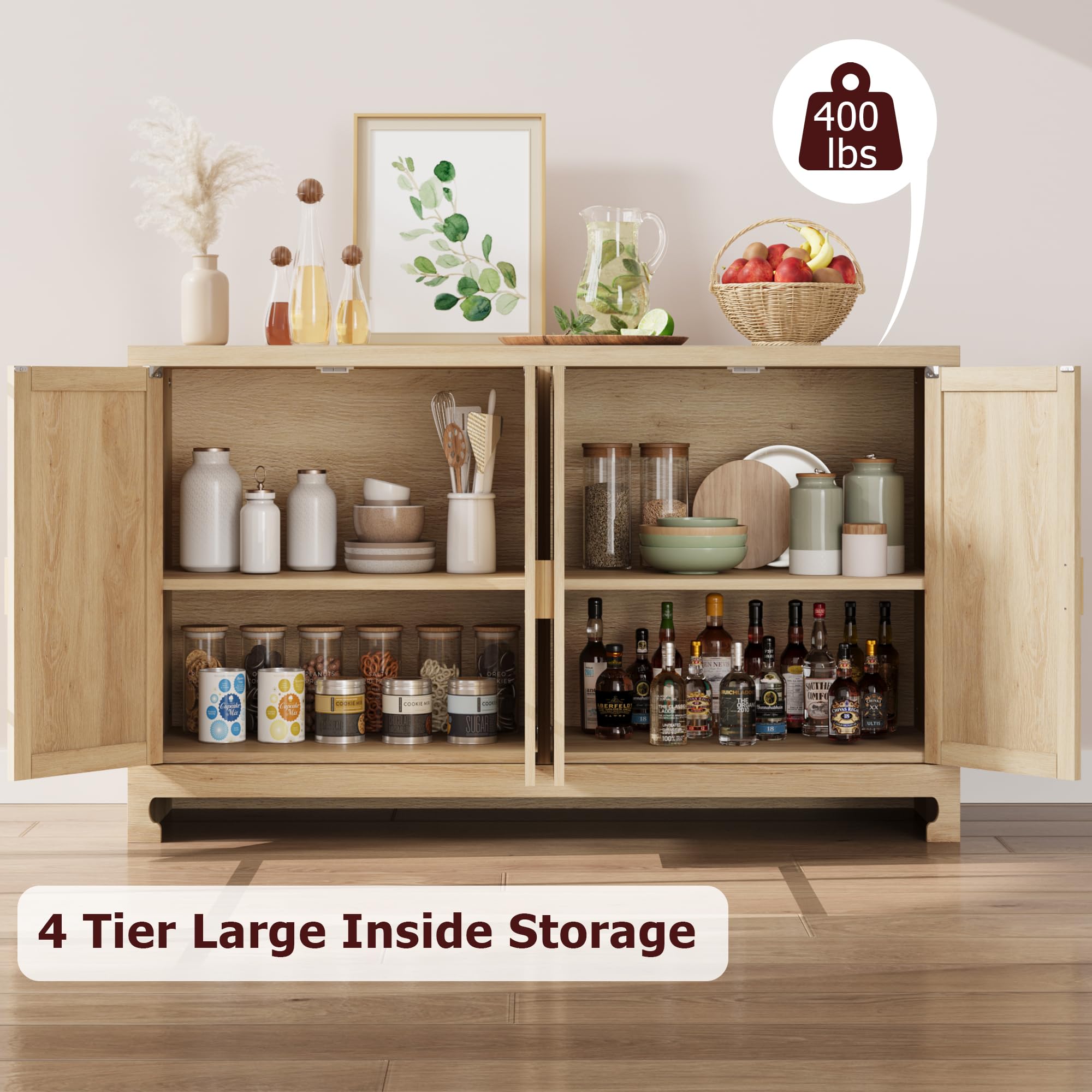 Rattan Accent Storage Cabinet with 4 Doors and Shelf - Modern Console Coffee Bar Cabinet for Dining Room, Kitchen, Living Room, Entryway Home Decor