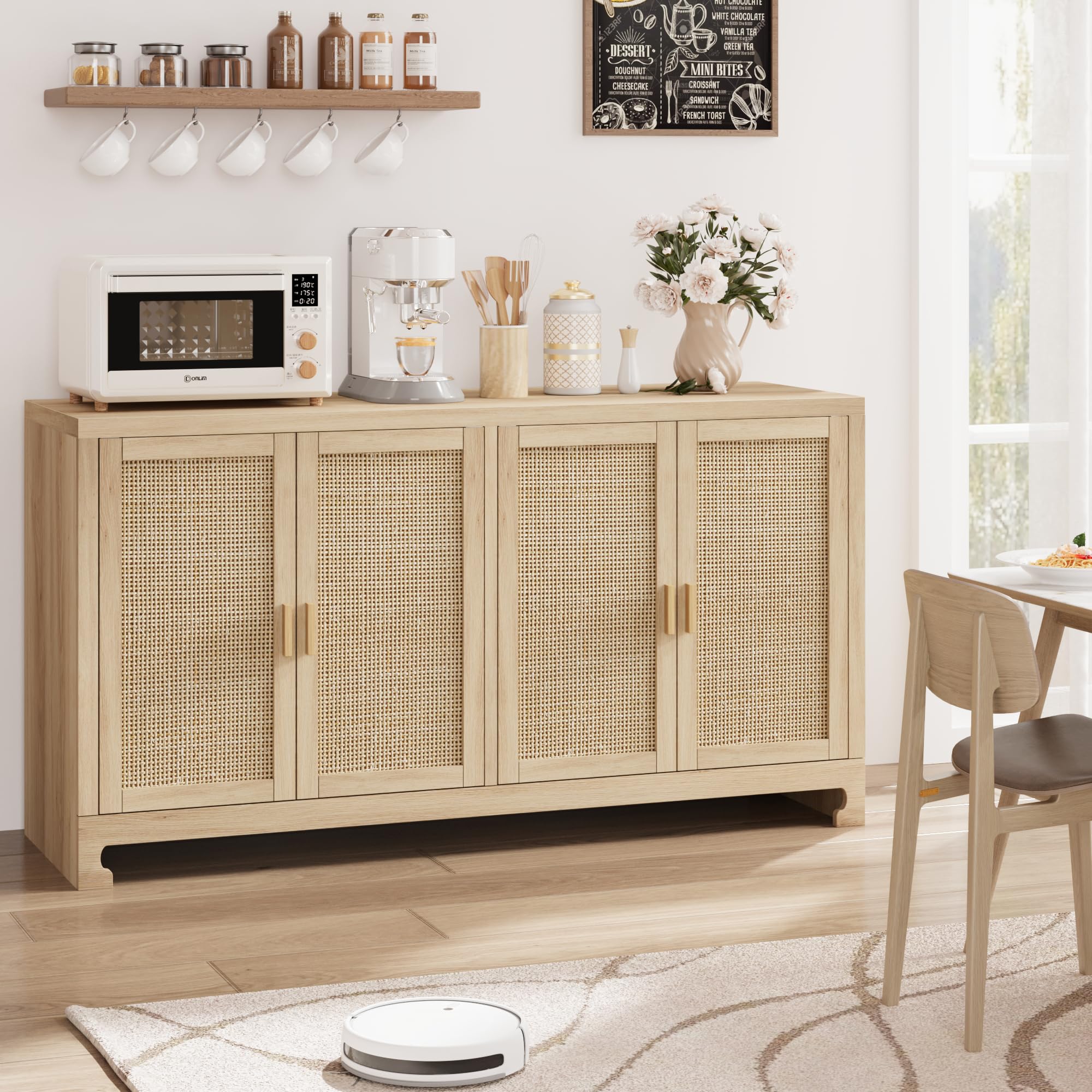 Rattan Accent Storage Cabinet with 4 Doors and Shelf - Modern Console Coffee Bar Cabinet for Dining Room, Kitchen, Living Room, Entryway Home Decor
