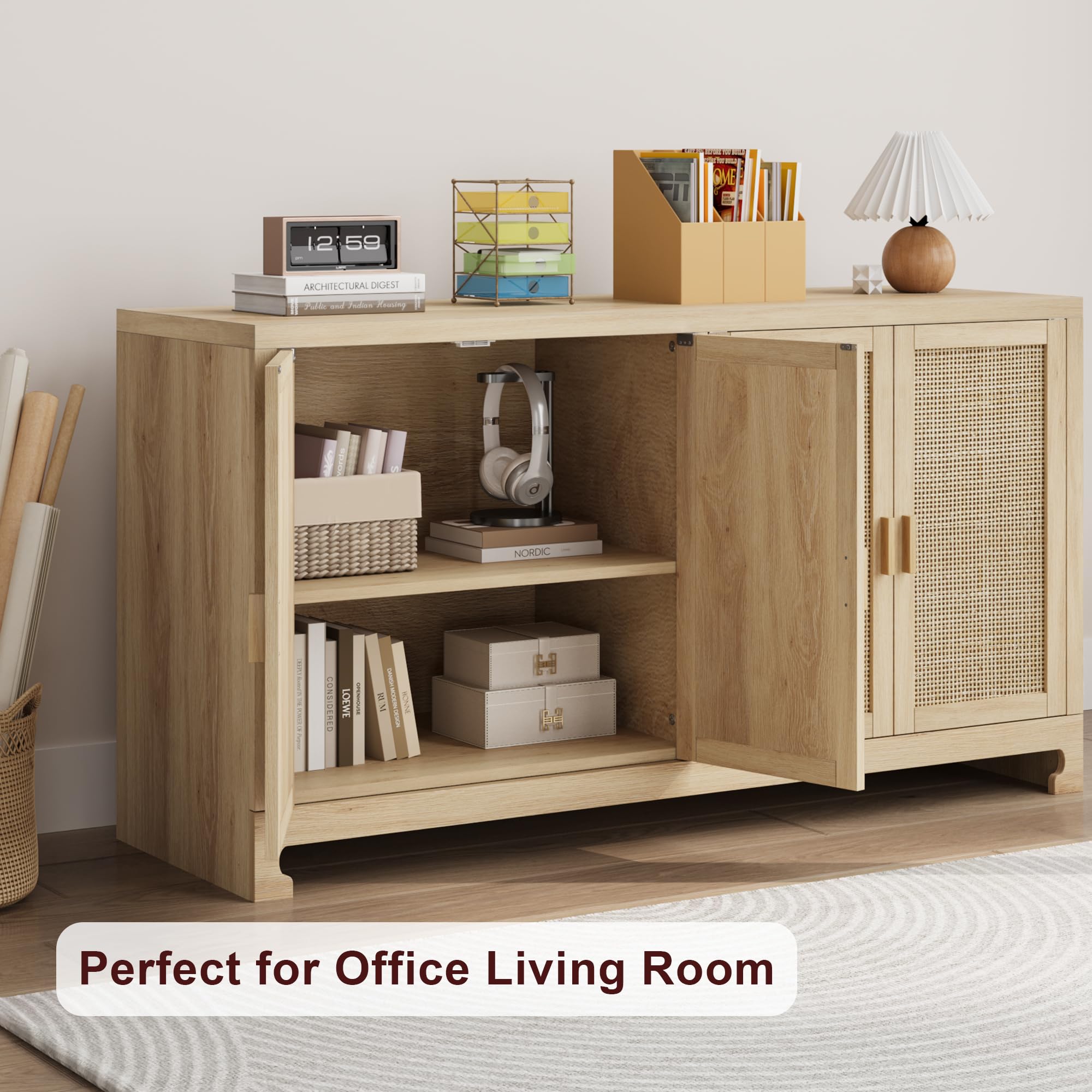 Rattan Accent Storage Cabinet with 4 Doors and Shelf - Modern Console Coffee Bar Cabinet for Dining Room, Kitchen, Living Room, Entryway Home Decor
