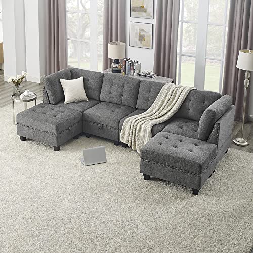 FULife Free Combination Modular Sofa Reversible Sectional Couch Oversized U Shaped Sofá Upholstery Deap Seat Sleeper Couches Bed with Storage for Living Room,2 Single Chair,Two Corner,Double Ottoman