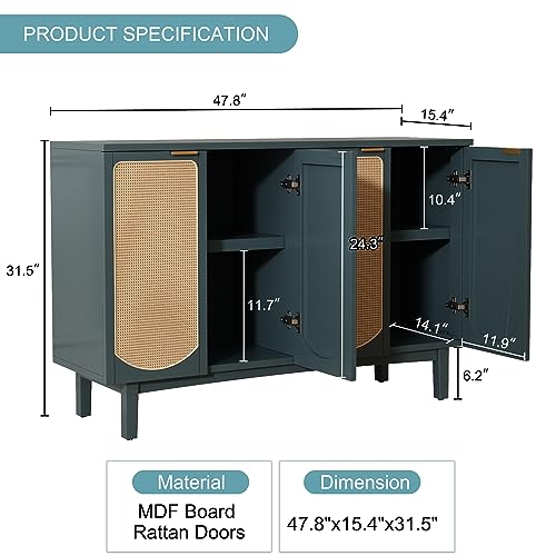 ARTPOWER Sideboard Buffet Cabinet with 4 Rattan Doors, Accent Storage Cabinet with Shelves, Free Standing TV Console Table, Modern Teal Credenza for Kitchen, Dining Room, Living Room, Hallway