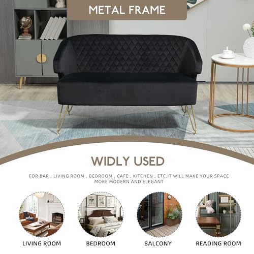QQU Modern Velvet Loveseat Sofa, Comfy Upholstered Seat Couch with Metal Legs, 2-Seater Accent Sofa Chair, Living Room Sofa with Tufted Backrest, Black