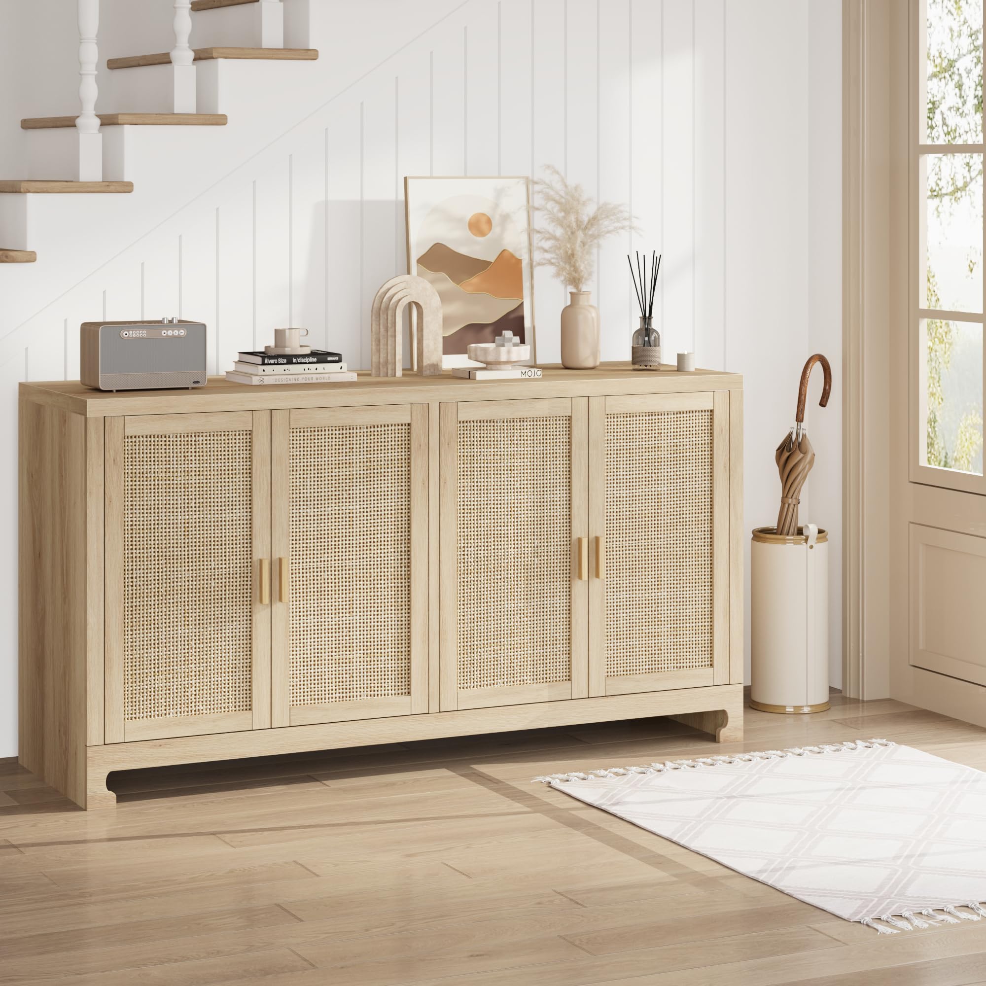 Rattan Accent Storage Cabinet with 4 Doors and Shelf - Modern Console Coffee Bar Cabinet for Dining Room, Kitchen, Living Room, Entryway Home Decor