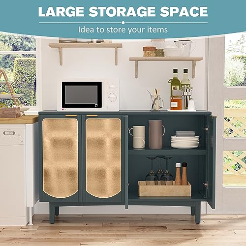 ARTPOWER Sideboard Buffet Cabinet with 4 Rattan Doors, Accent Storage Cabinet with Shelves, Free Standing TV Console Table, Modern Teal Credenza for Kitchen, Dining Room, Living Room, Hallway