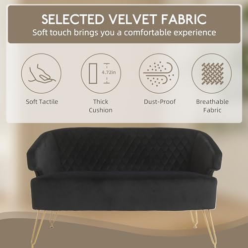QQU Modern Velvet Loveseat Sofa, Comfy Upholstered Seat Couch with Metal Legs, 2-Seater Accent Sofa Chair, Living Room Sofa with Tufted Backrest, Black