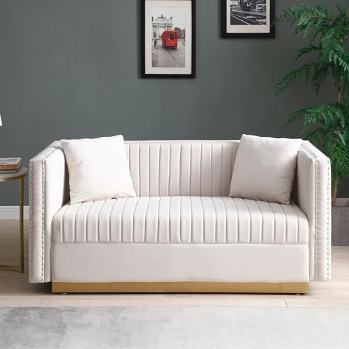 EMKK Living Room Furniture,Modern Upholstered 2-Piece Sofa Set Including 3 Seater, Loveseat,with Solid Wood Legs, Vertical Channel Tufted Backrest,Couch for Apartment with 4 Pillows, F-Beige