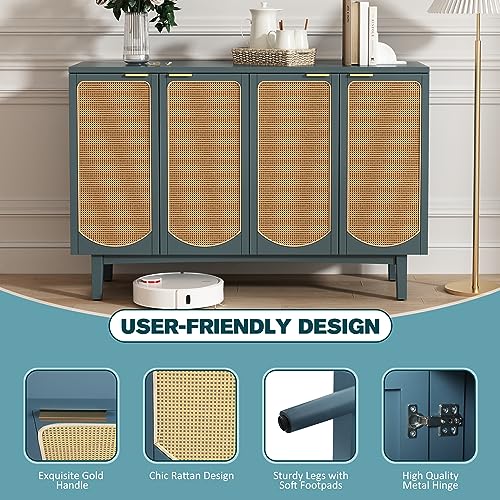 ARTPOWER Sideboard Buffet Cabinet with 4 Rattan Doors, Accent Storage Cabinet with Shelves, Free Standing TV Console Table, Modern Teal Credenza for Kitchen, Dining Room, Living Room, Hallway