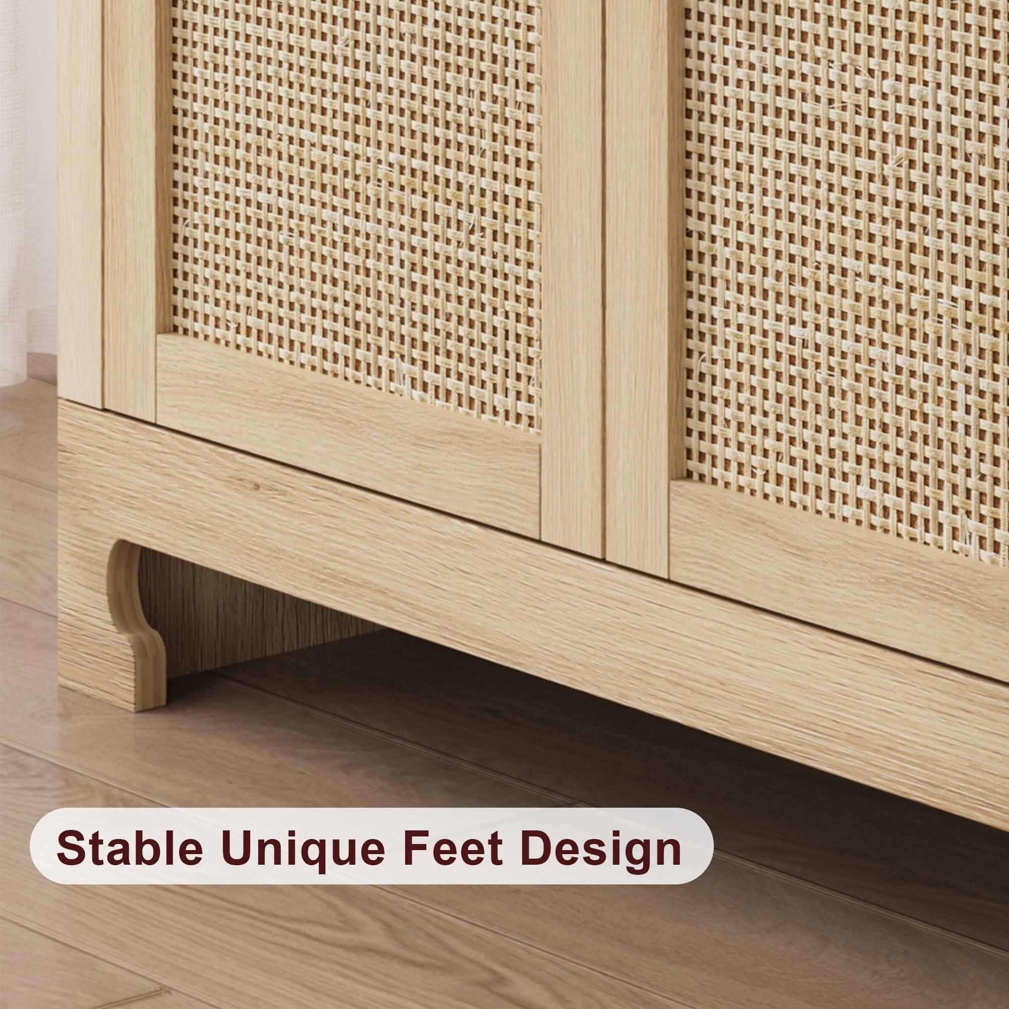 Rattan Accent Storage Cabinet with 4 Doors and Shelf - Modern Console Coffee Bar Cabinet for Dining Room, Kitchen, Living Room, Entryway Home Decor
