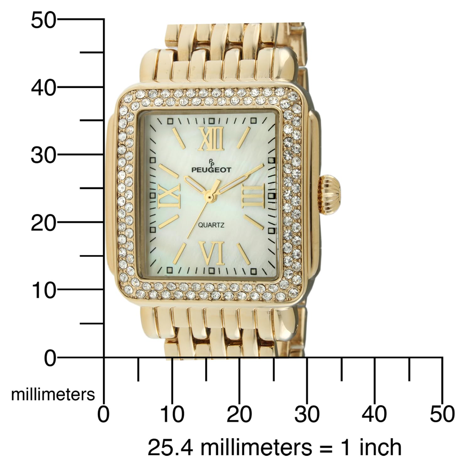 Peugeot Women Rectangle Dress Watch with Crystal Decorated Bezel, Roman Numerals and Bracelet