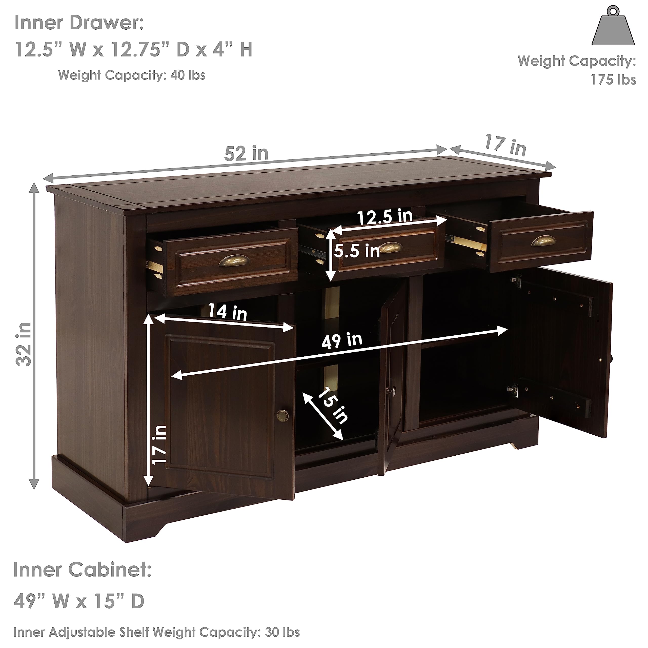 Sunnydaze Solid Pine Sideboard Cabinet with 3 Drawers and 3 Doors - Features Adjustable Inner Cabinet Shelf - Zinc Alloy Hardware - Dark Brown- 32-Inch