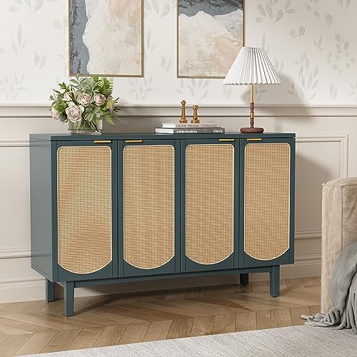 ARTPOWER Sideboard Buffet Cabinet with 4 Rattan Doors, Accent Storage Cabinet with Shelves, Free Standing TV Console Table, Modern Teal Credenza for Kitchen, Dining Room, Living Room, Hallway