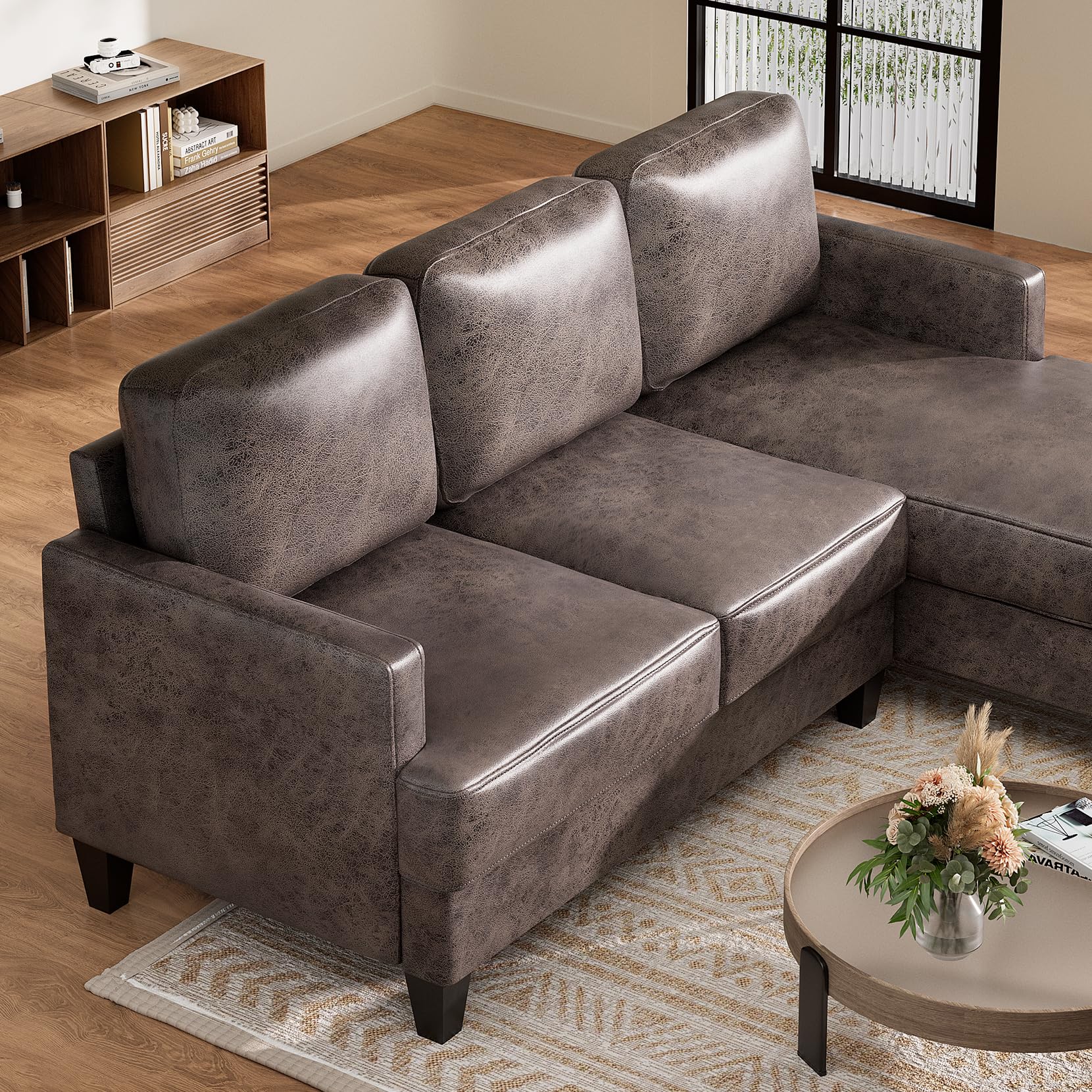 Vesgantti 72 inch L Shaped Couches, 3 Seater Sectional Sofa with Chaise Lounge, Upholstered Modern 3 Cushion Sofa, 2 Piece Sofa Set for Living Room, Apartment, Office, Brown
