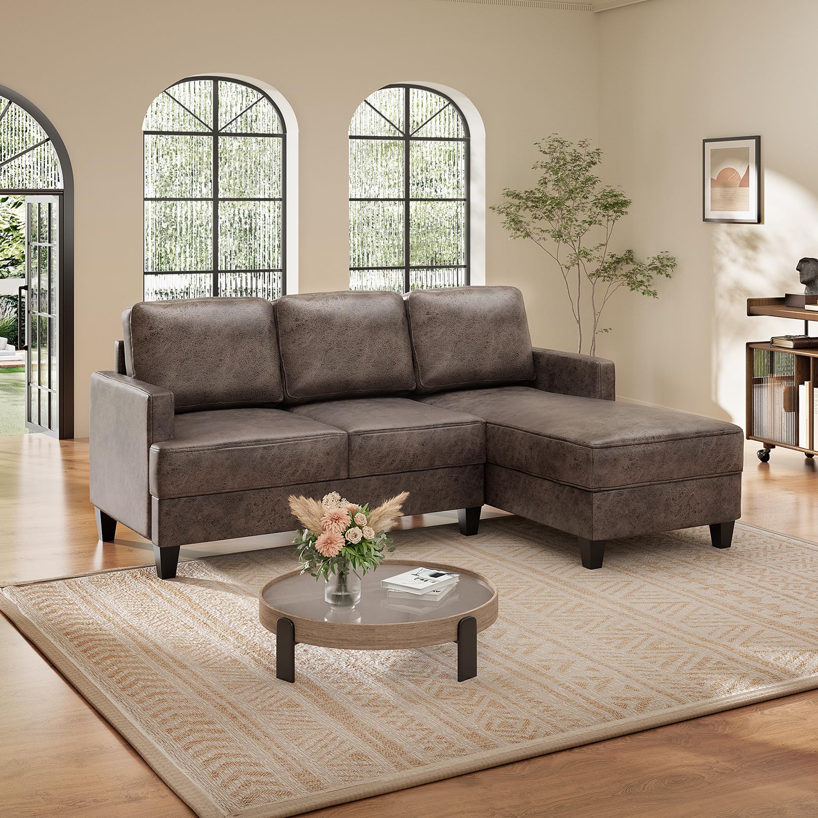 Vesgantti 72 inch L Shaped Couches, 3 Seater Sectional Sofa with Chaise Lounge, Upholstered Modern 3 Cushion Sofa, 2 Piece Sofa Set for Living Room, Apartment, Office, Brown