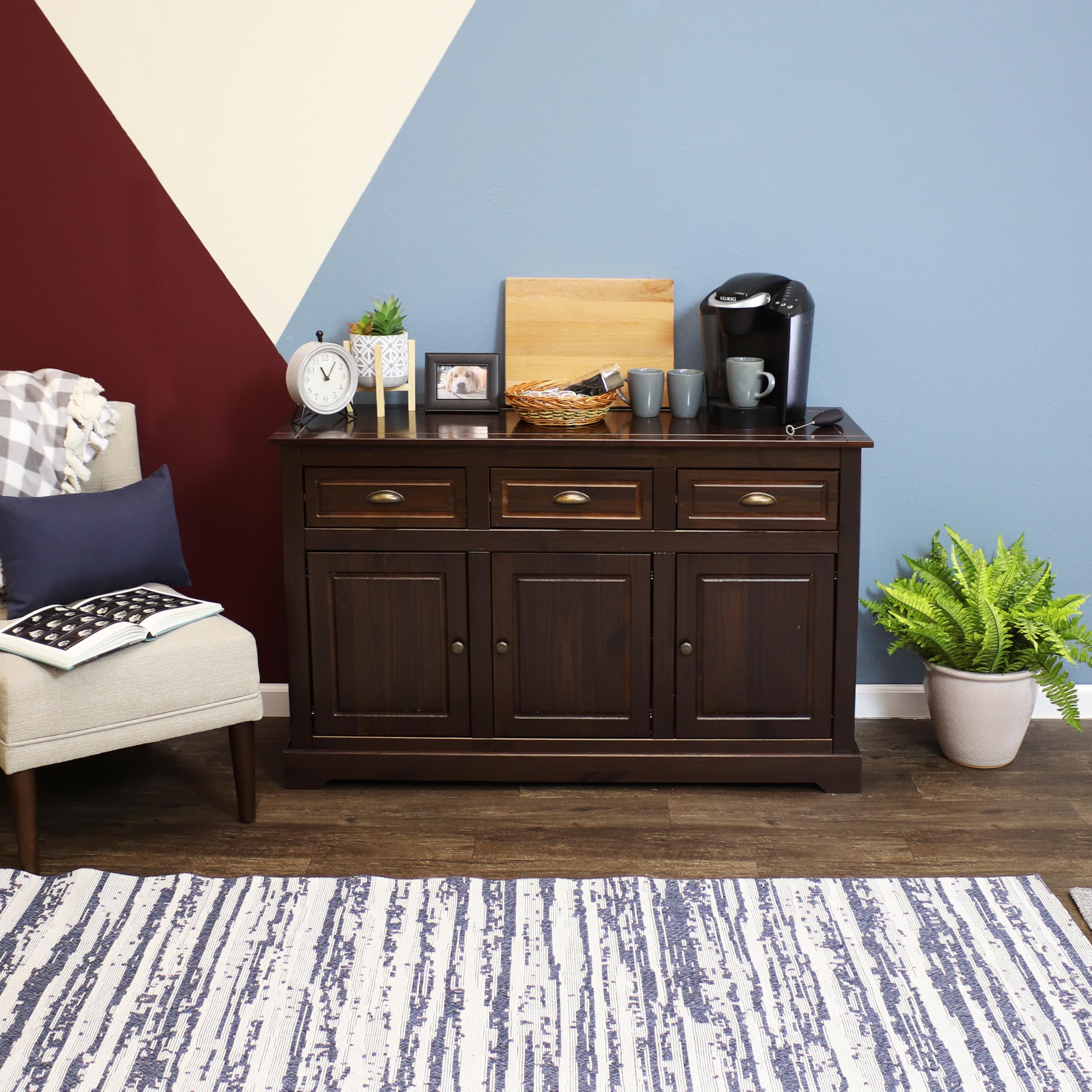 Sunnydaze Solid Pine Sideboard Cabinet with 3 Drawers and 3 Doors - Features Adjustable Inner Cabinet Shelf - Zinc Alloy Hardware - Dark Brown- 32-Inch