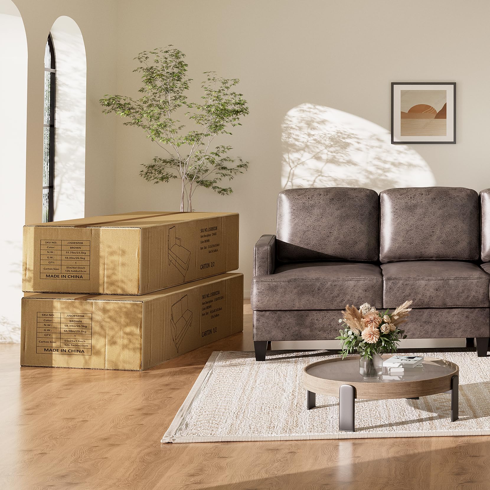 Vesgantti 72 inch L Shaped Couches, 3 Seater Sectional Sofa with Chaise Lounge, Upholstered Modern 3 Cushion Sofa, 2 Piece Sofa Set for Living Room, Apartment, Office, Brown
