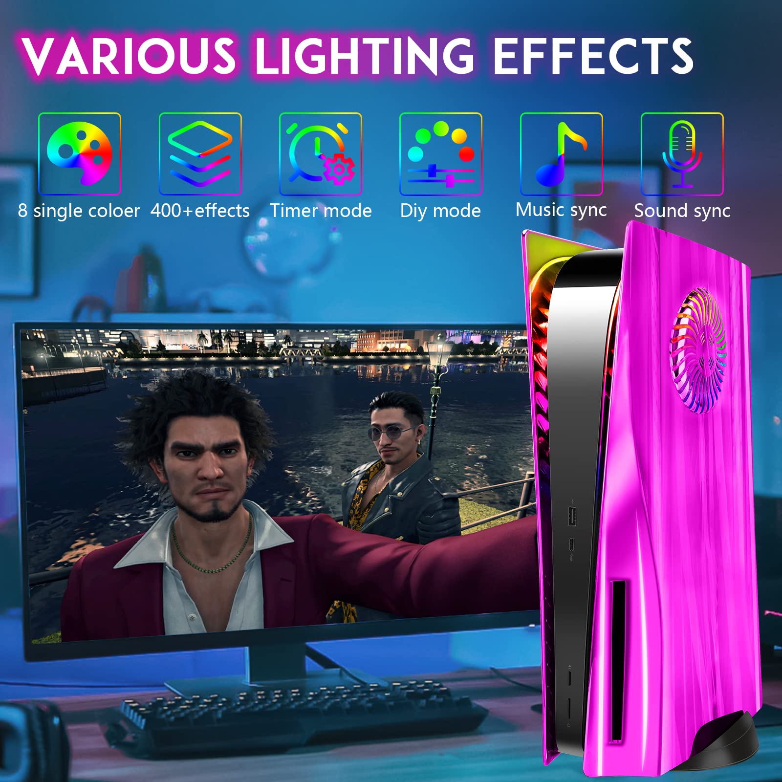 SIKEMAY PS5 Accessories PlayStation 5 Plates with RGB LED Light Strip, Console Cover Face Plates Side Shell with Cooling Vents, PS5 Lights 8 Color 400+Effects Kit, Custom Dust Skin - Plating Purple