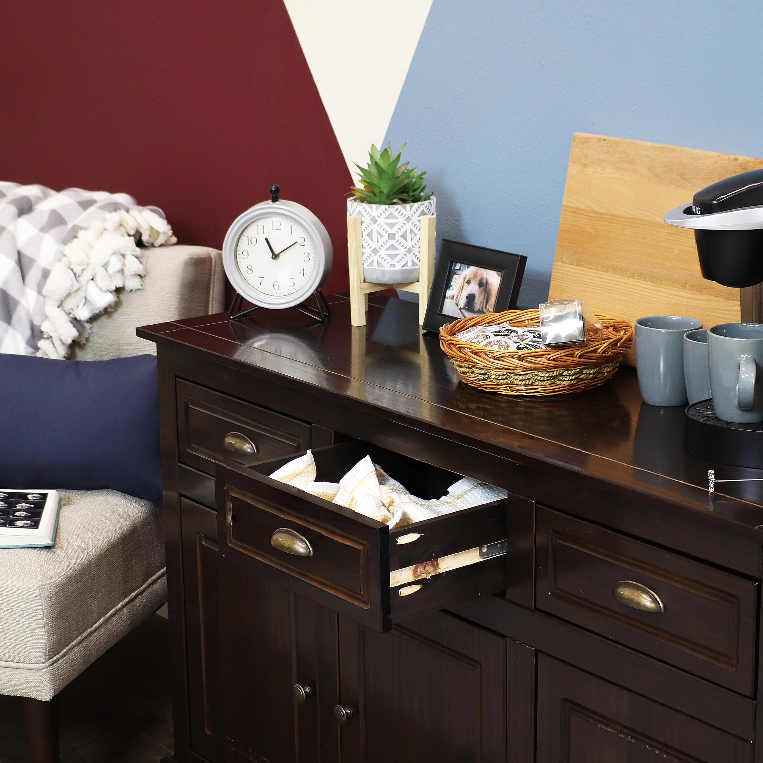 Sunnydaze Solid Pine Sideboard Cabinet with 3 Drawers and 3 Doors - Features Adjustable Inner Cabinet Shelf - Zinc Alloy Hardware - Dark Brown- 32-Inch