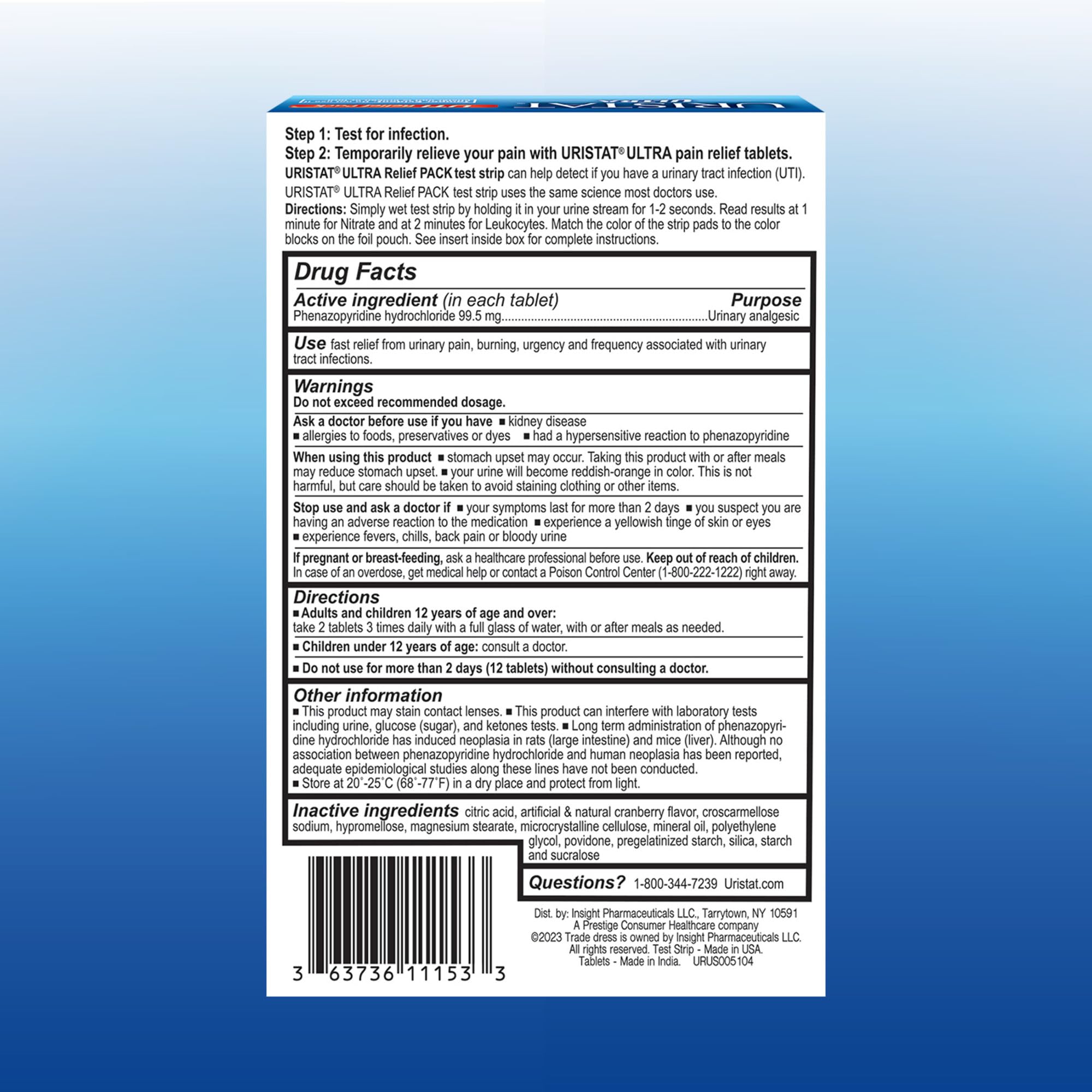 URISTAT Ultra UTI Relief Pak, UTI Treatment for Women and Men, 1 UTI Test Strip and 12 UTI Treatment Tablets, 1 Box