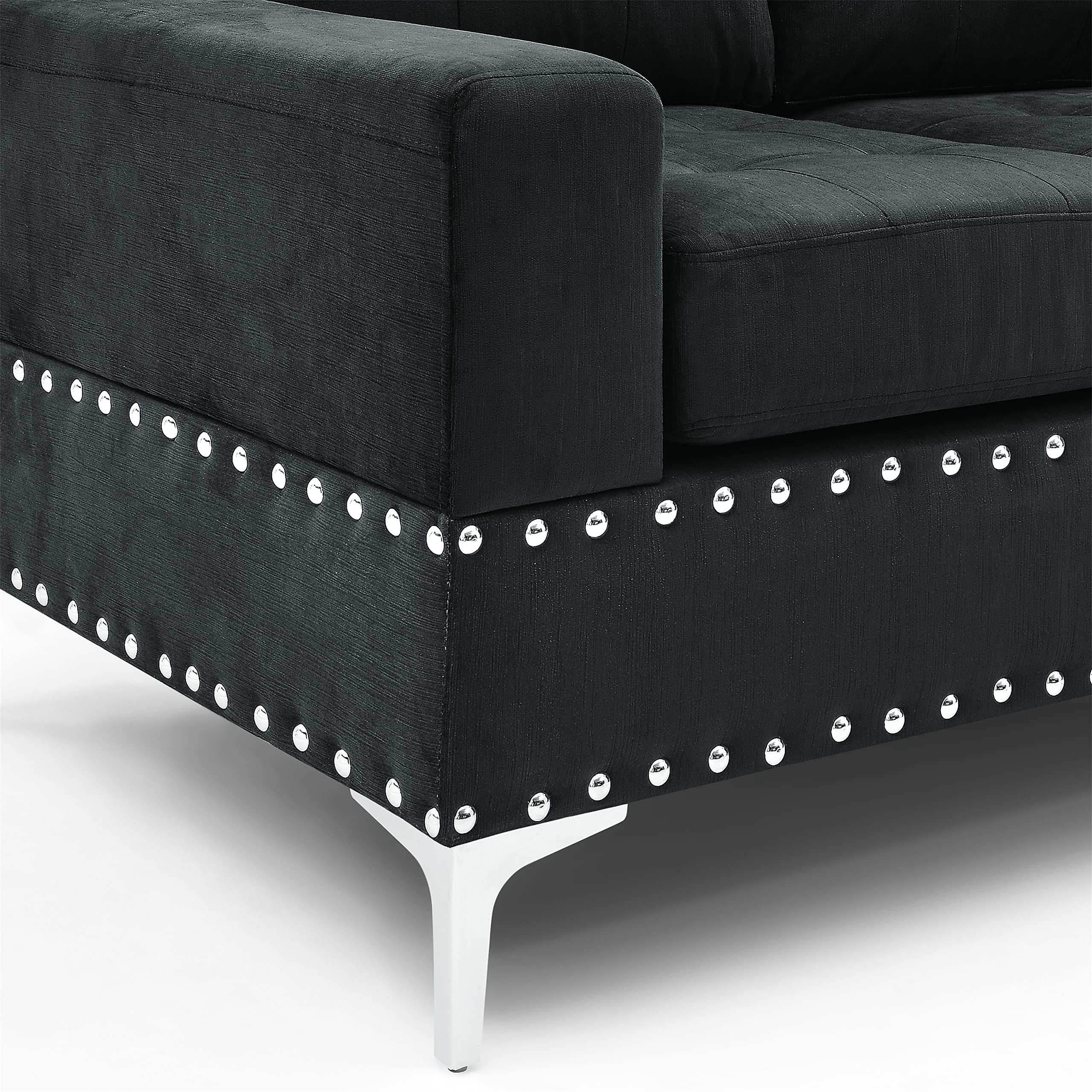 Melpomene L Shaped Sectional Couches Reversible for Small Living Room, Sofa Set in Black Smooth Velvet with Storage Ottoman, Reversible Chaise and Chrome Legs