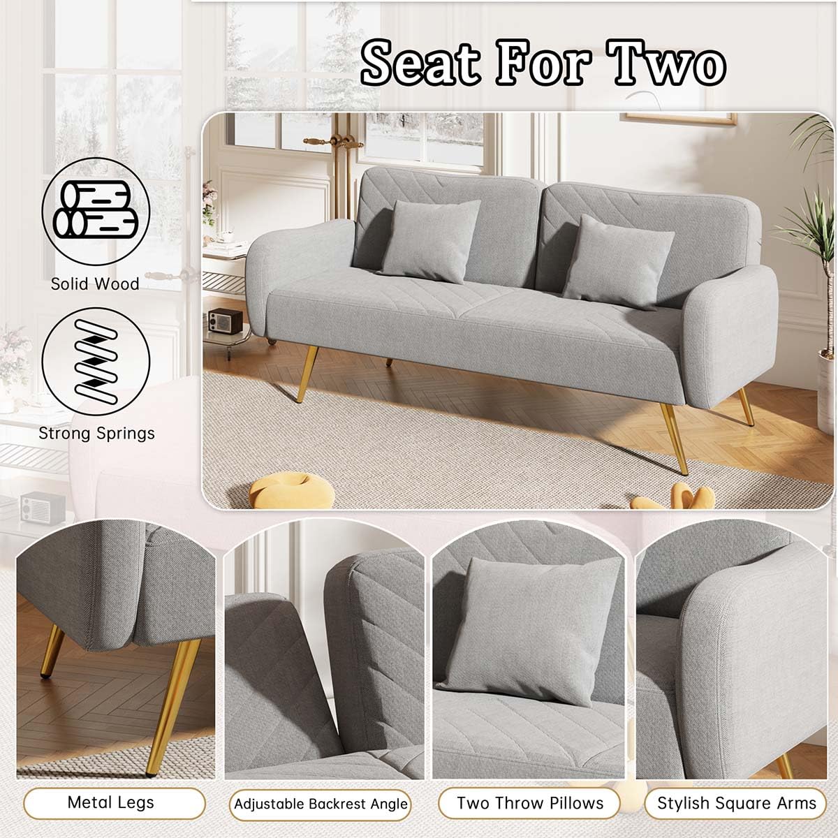 70“ Futon Bed with Mattress Included,Futon Couch Sofa Bed w/ Split Backrest and 2 Throw Pillows,Convertible Loveseat Sleeper w/ Gold Metal Legs and Arms for Living Room Bedroom Small Space (Grey)