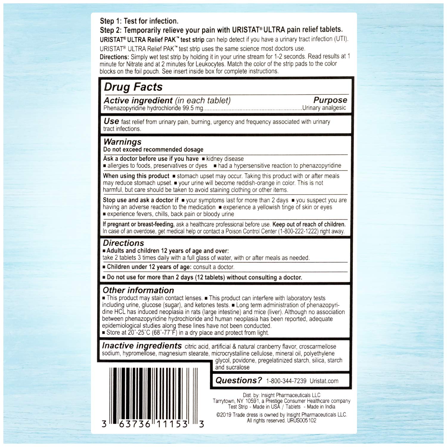 URISTAT Ultra UTI Relief Pak, UTI Treatment for Women and Men, 1 UTI Test Strip and 12 UTI Treatment Tablets, 1 Box