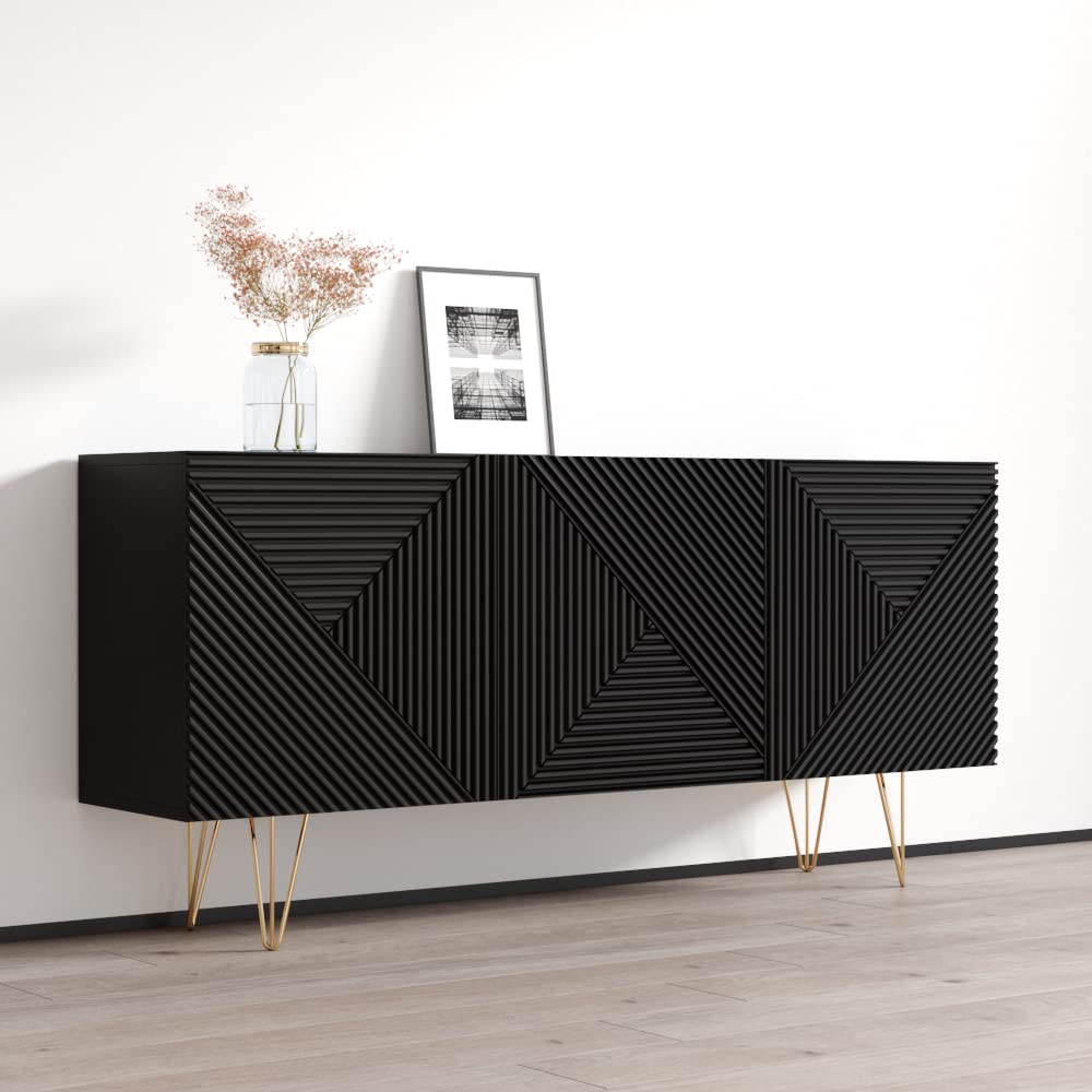 Meble Furniture Giza 3D 63" Sideboard - Modern & Stylish Rectangular Sideboard Table with Three Doors - Durable Engineered Wood Sideboard for Living Room or Dining Area - Black
