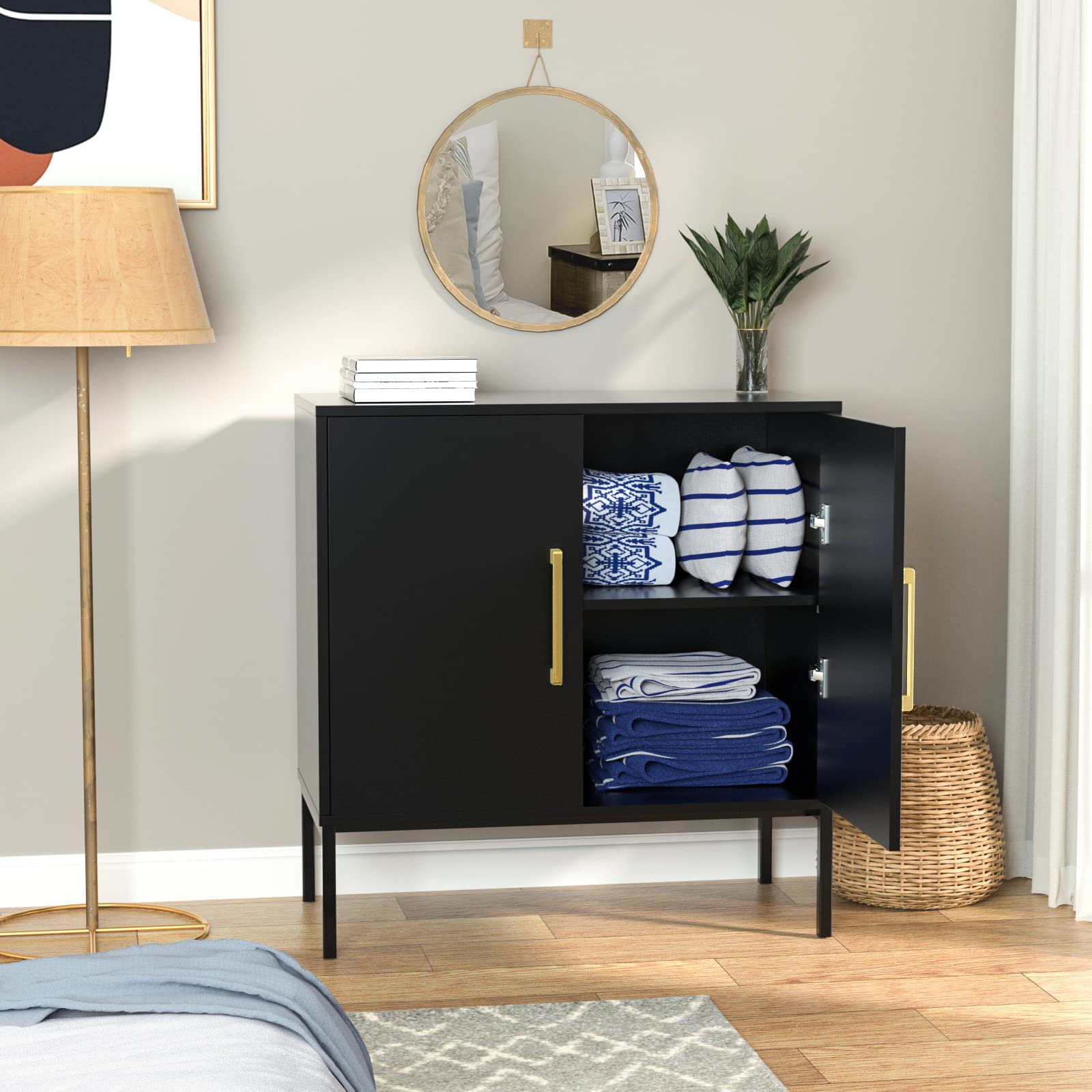 JOZZBY Buffet Cabinet with Storage, Accent Cabinet Modern Wooden Free Standing Sideboard with Doors, Black Side Cabinets with Adjustable Shelves for Living Room, Hallway, Set of 2