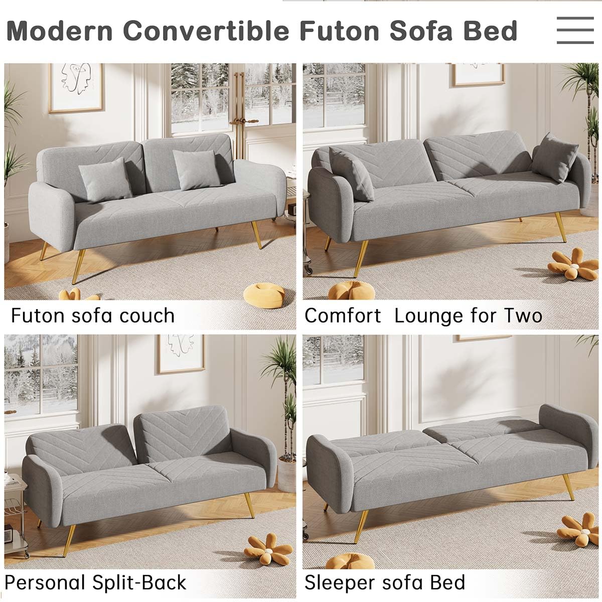 70“ Futon Bed with Mattress Included,Futon Couch Sofa Bed w/ Split Backrest and 2 Throw Pillows,Convertible Loveseat Sleeper w/ Gold Metal Legs and Arms for Living Room Bedroom Small Space (Grey)