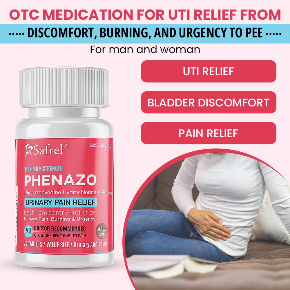 Safrel Urinary Relief - 72 Tablets, 99.5mg Phenazopyridine HCl - Fast-Acting UTI Relief for Bladder Discomfort & Pain - Adults & Children-1-Pack