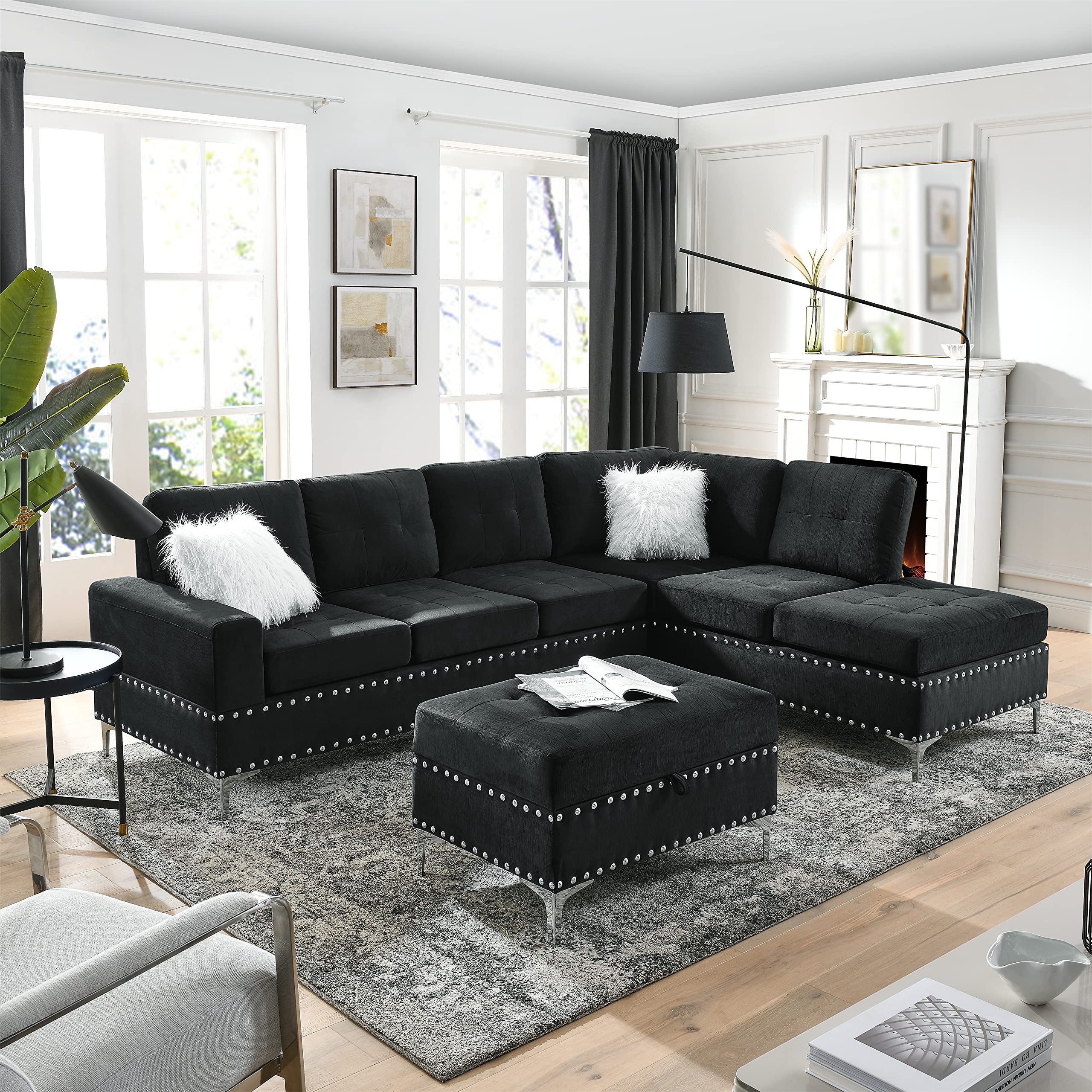 Melpomene L Shaped Sectional Couches Reversible for Small Living Room, Sofa Set in Black Smooth Velvet with Storage Ottoman, Reversible Chaise and Chrome Legs