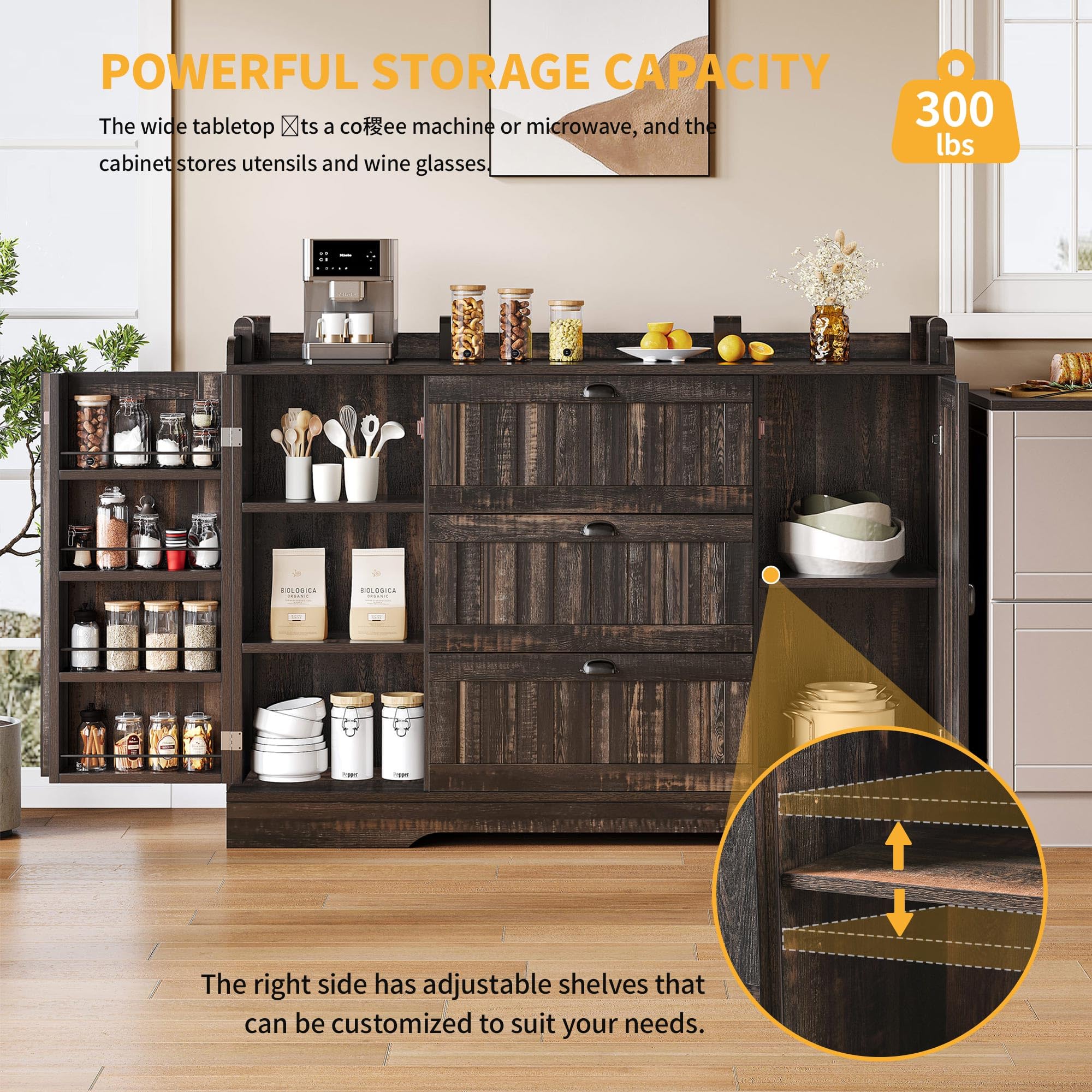 DWVO Farmhouse Sideboard Buffet Cabinet with Storage, 59" Kitchen Pantry Storage Cabinet with 3 Drawers, Coffee Bar for Kitchen Living Room Dining Room, Dark Rustic Oak
