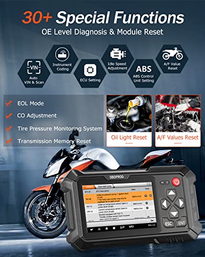 Motorcycle Diagnostic Scan Tool, OBDPROG Moto 100 Full System Scanner for Harley Honda Yamaha Victory Indian Polaris Brp, Engine ABS TPMS Auto Scan Code Reader, Oil Light Reset, 5.0 Touch Screen