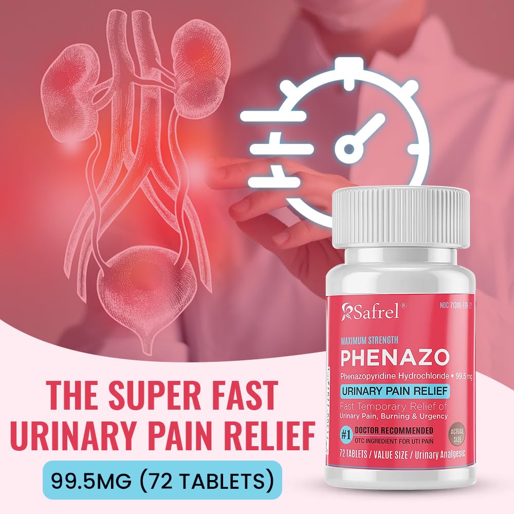 Safrel Urinary Relief - 72 Tablets, 99.5mg Phenazopyridine HCl - Fast-Acting UTI Relief for Bladder Discomfort & Pain - Adults & Children-1-Pack