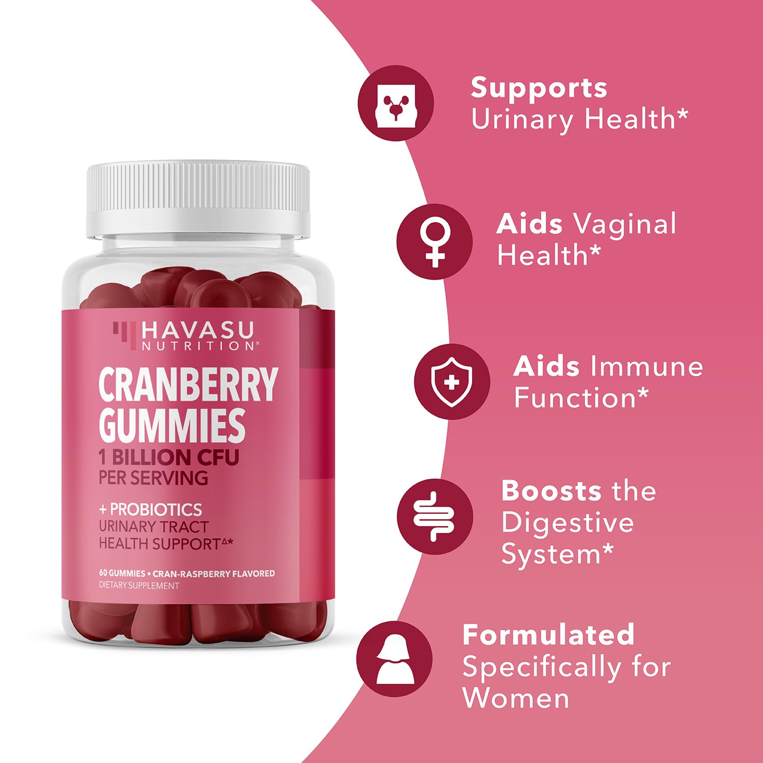 Probiotic Cranberry Gummies for Women - Urinary Tract Health and pH Balance - 1 Billion CFU of Lactobacillus for Bladder Support and Vaginal Wellness - Cran-Raspberry Flavor, 60 count, 1-Month Supply