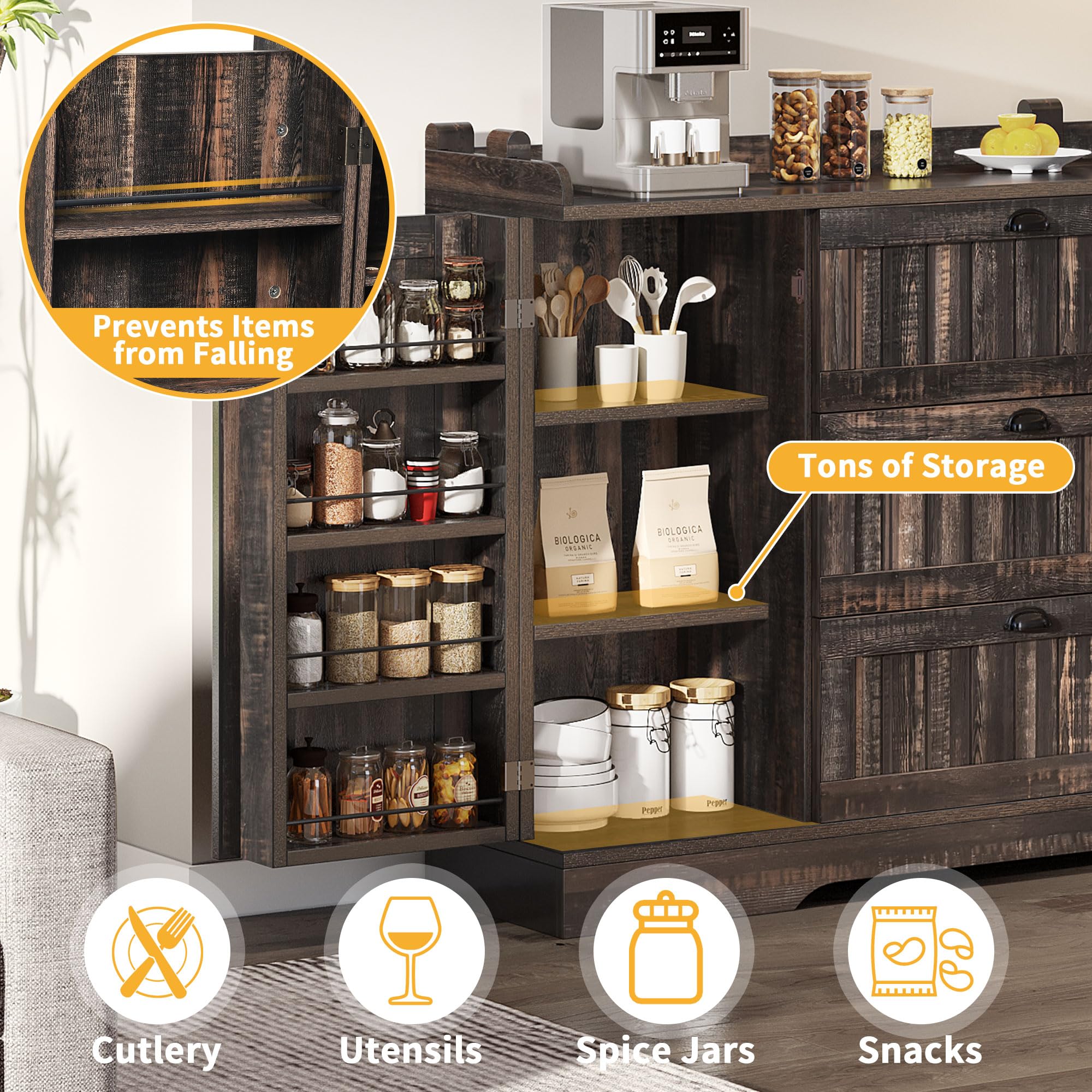 DWVO Farmhouse Sideboard Buffet Cabinet with Storage, 59" Kitchen Pantry Storage Cabinet with 3 Drawers, Coffee Bar for Kitchen Living Room Dining Room, Dark Rustic Oak