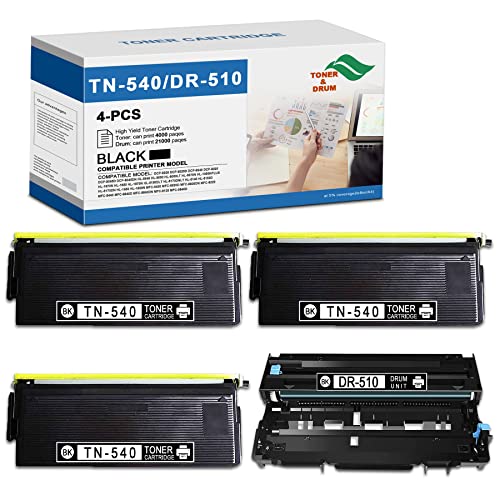 4-Pack (3Toner+1Drum) Compatible TN-540 Toner Cartridge and DR-510 Drum Unit Replacement for Brother DCP-8020 DCP-8025D HL-5040 HL-5050 HL-5050LT MFC-8420 MFC-8820D Printer Toner - Sold by Cobaprint