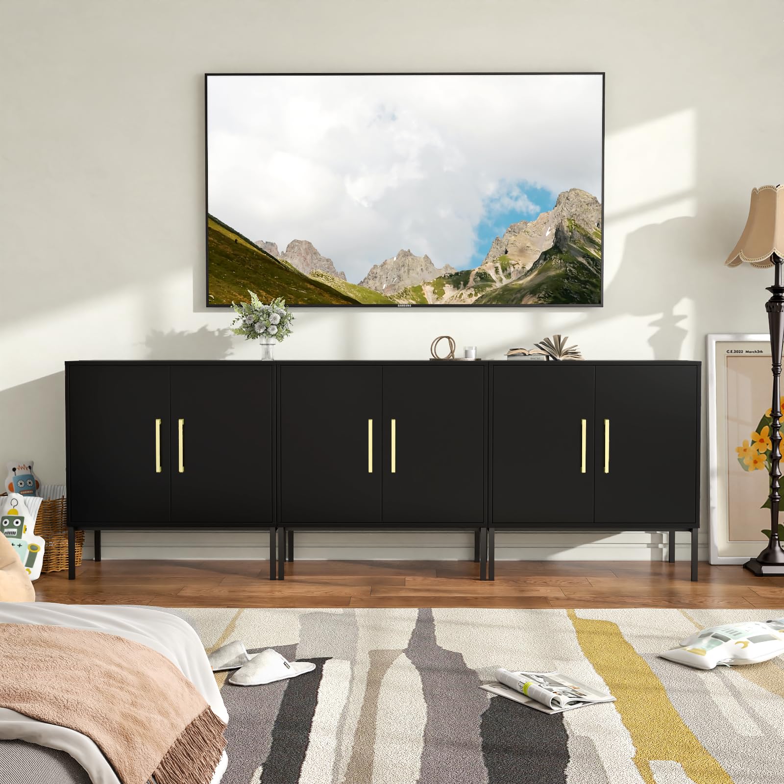 JOZZBY Buffet Cabinet with Storage, Accent Cabinet Modern Wooden Free Standing Sideboard with Doors, Black Side Cabinets with Adjustable Shelves for Living Room, Hallway, Set of 2
