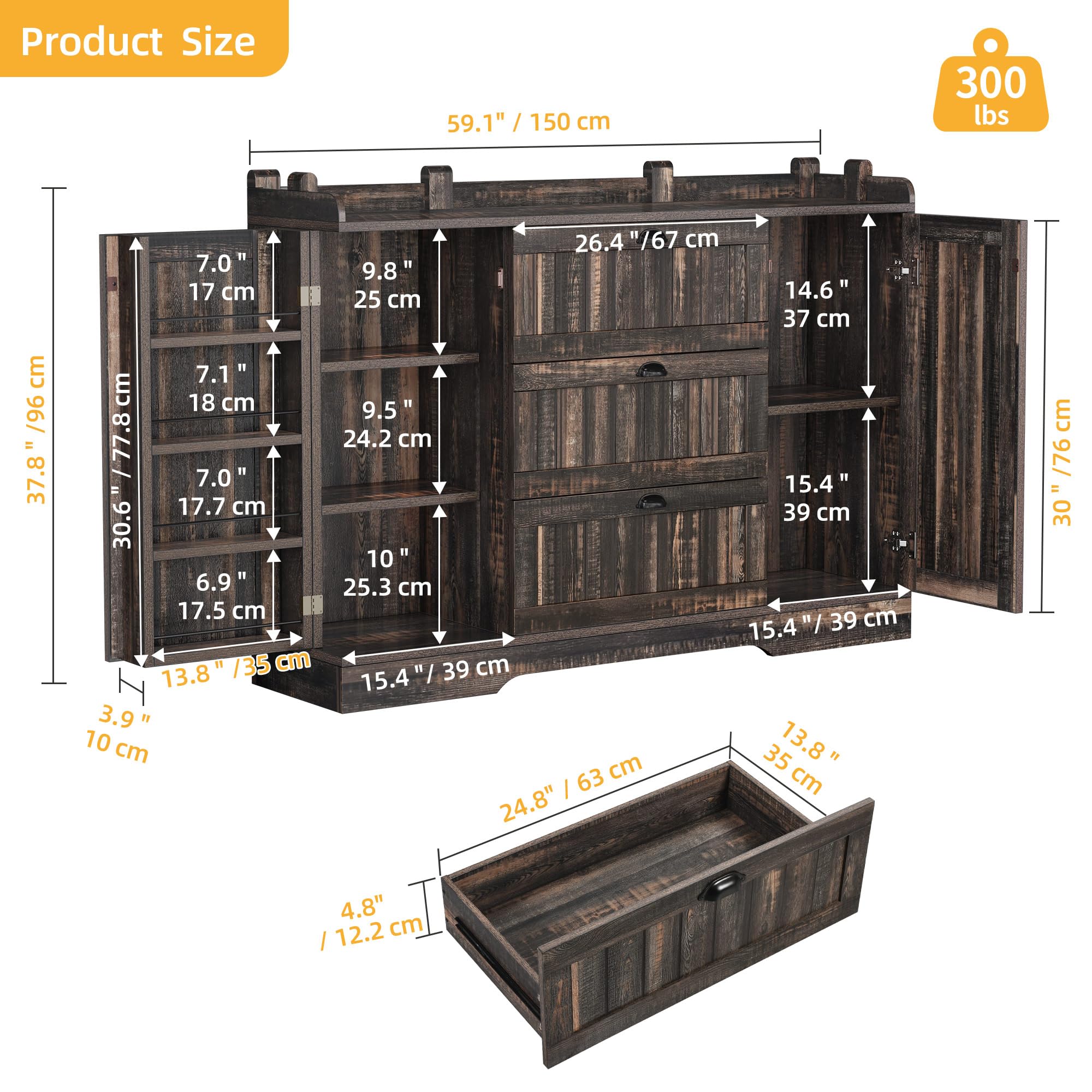 DWVO Farmhouse Sideboard Buffet Cabinet with Storage, 59" Kitchen Pantry Storage Cabinet with 3 Drawers, Coffee Bar for Kitchen Living Room Dining Room, Dark Rustic Oak