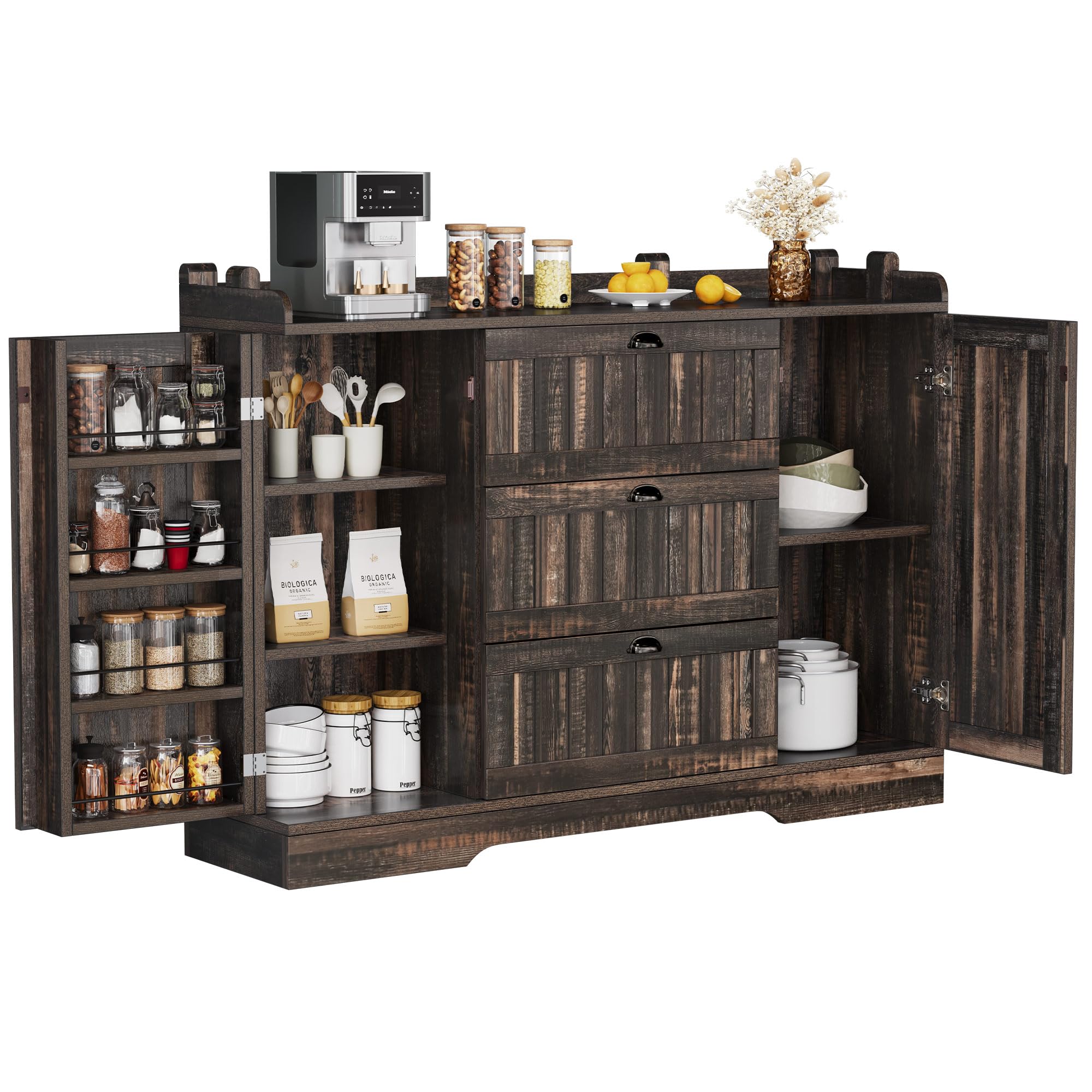 DWVO Farmhouse Sideboard Buffet Cabinet with Storage, 59" Kitchen Pantry Storage Cabinet with 3 Drawers, Coffee Bar for Kitchen Living Room Dining Room, Dark Rustic Oak