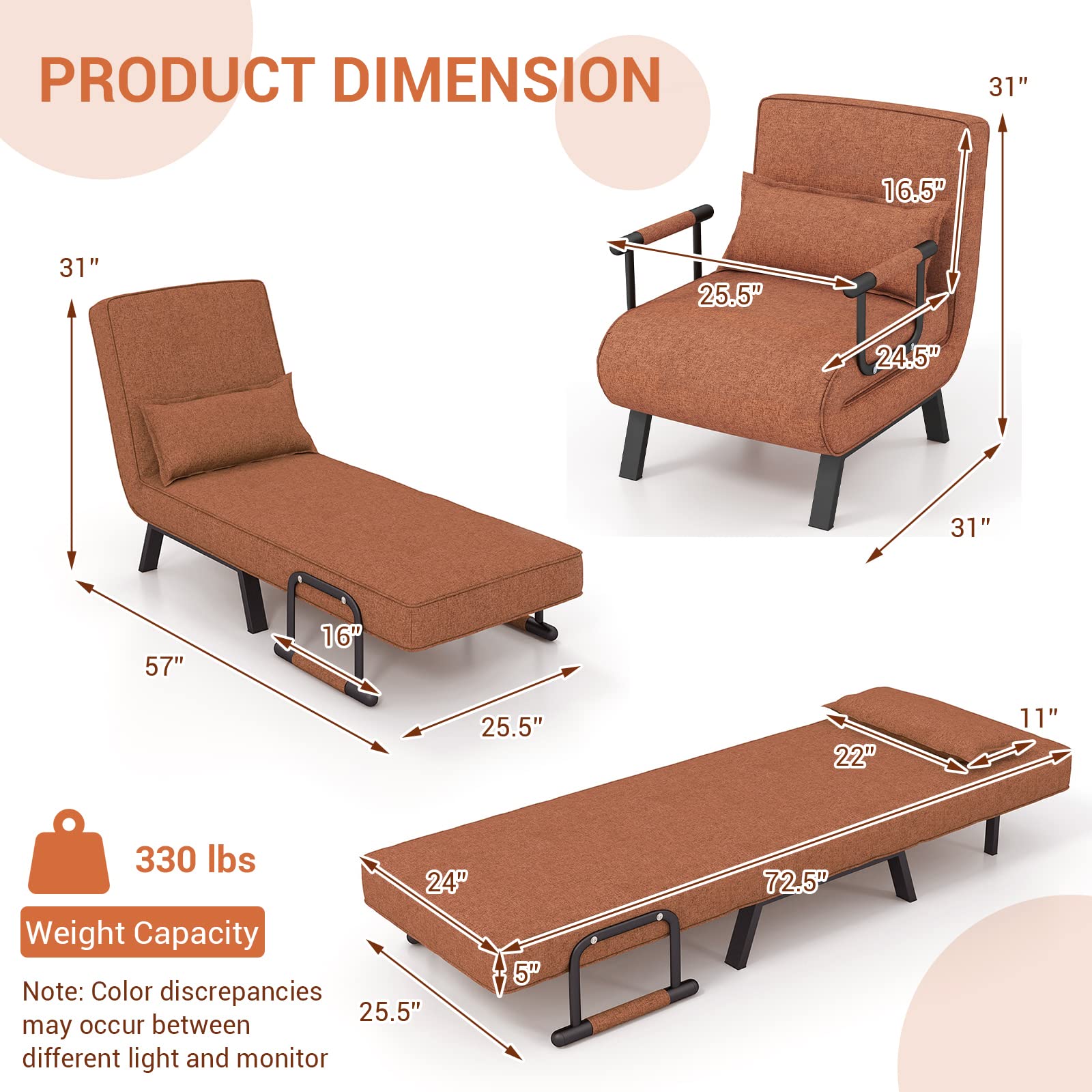 POWERSTONE Convertible Sleeper Chair Bed, 4 in 1 Living Room Reading Chair with Pillow, Arm and Adjustable 5 Position Backrest Single Sofa Bed, Coffee