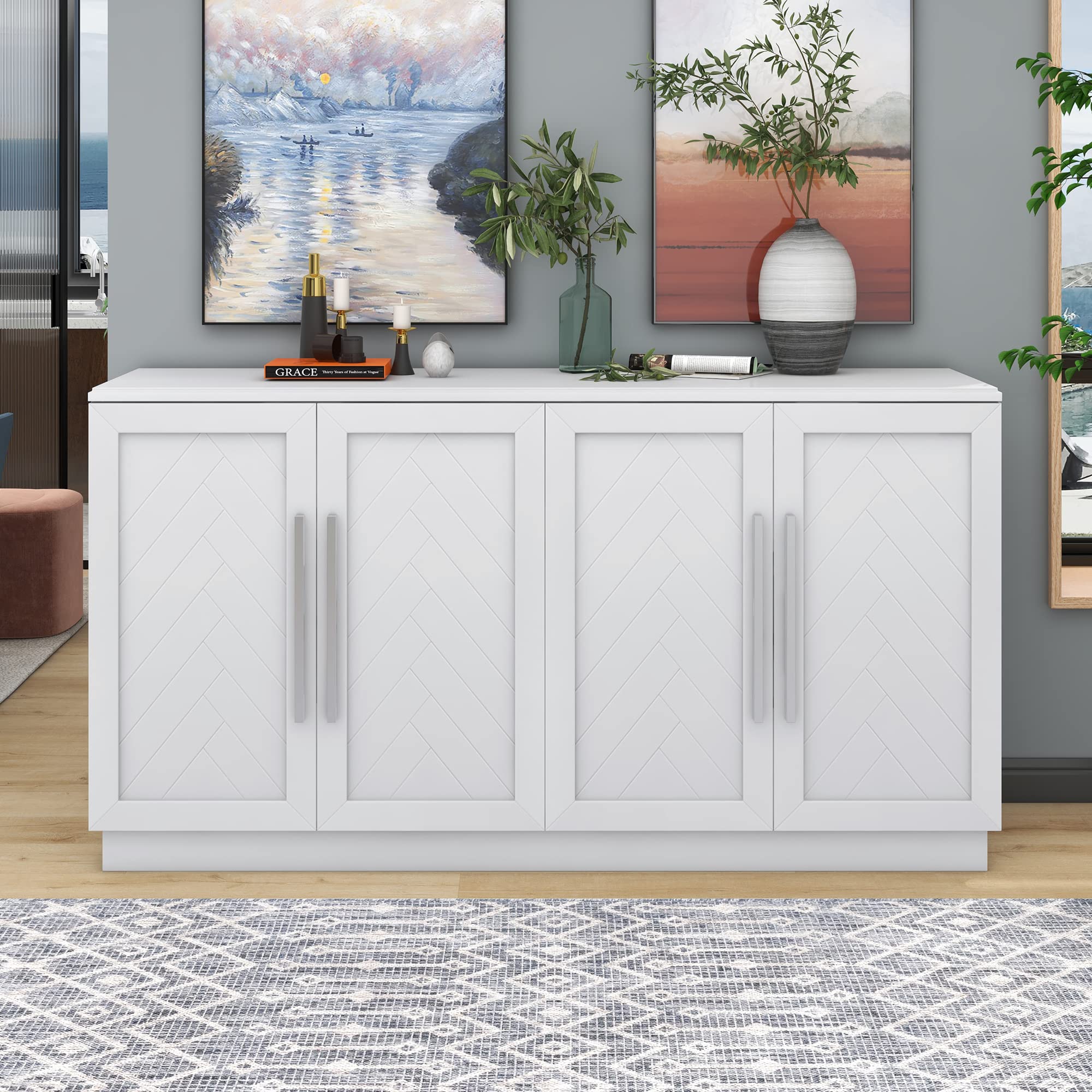 Knocbel Modern Buffet Sideboard Storage Cabinet with 4 Doors and 4 Adjustable Shelves, Entryway Hallway Foyer Long Console Table Cupboard Coffee Bar Cabinet (White)