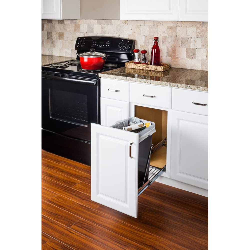 Hardware Resources Single 35-Quart Trash Bin Cabinet Pullout System - 1 Black Waste, Recycling Bins - Easy-Installation Polished Chrome Ball-Bearing Garbage Slider, Door Mounting Kit - 8.75 Gallons