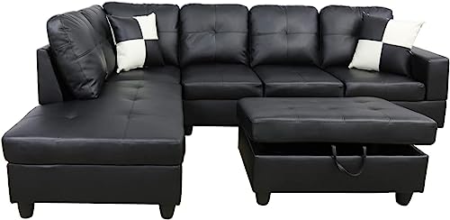 ERYE Faux Leather Corner Sectional Sofa Couch with Chaise and Storage Ottoman, L-Shaped Upholstered Sofa&Couch W/ 2 Pillows for Home Office Apartment Living Room Furniture Sets