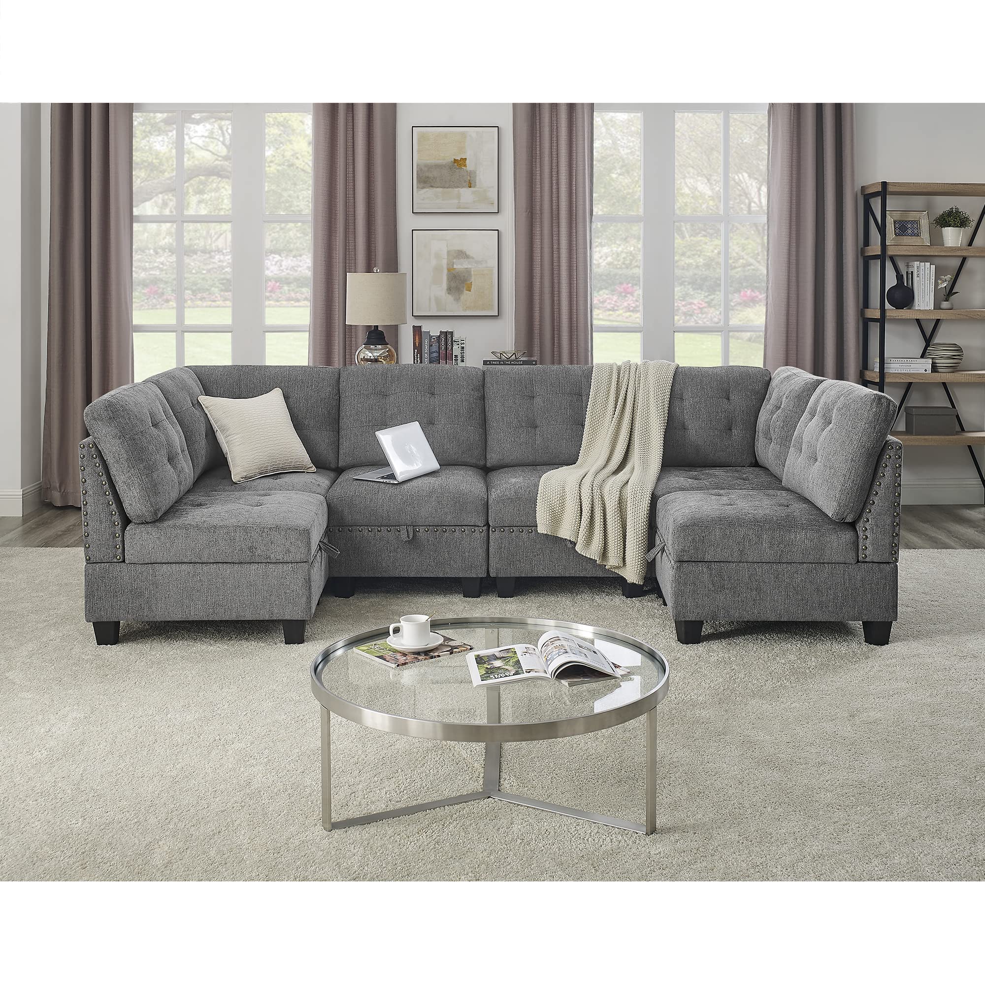 Free Combination Sectional Sofa Oversized Reversible Modular Couch U Shaped Corner Sofá Upholstered Deap Seat Sleeper Couches Bed with Storage for Living Room Spacious Space,4 Single Chairs,2 Corners