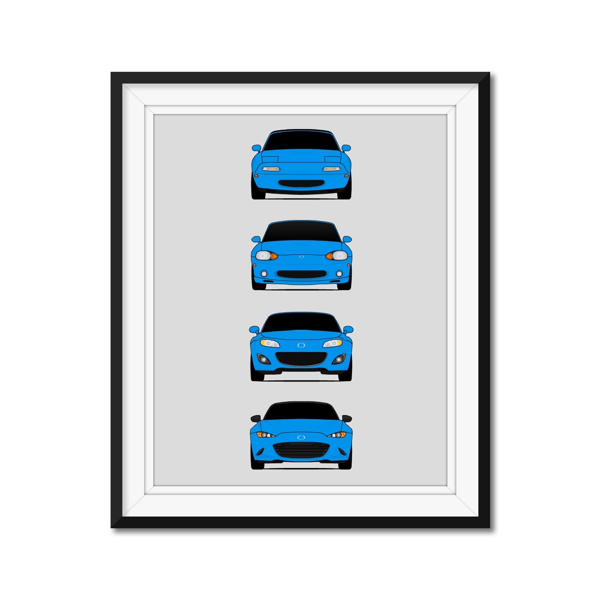 Custom Car Posters History of Mazda Miata MX-5 Generations and Handmade Print of NA Miata, NB Miata, NC Miata, ND Miata - Mariner Blue, 8x10" Satin Print (Unframed) - Gift for Car Enthusiast