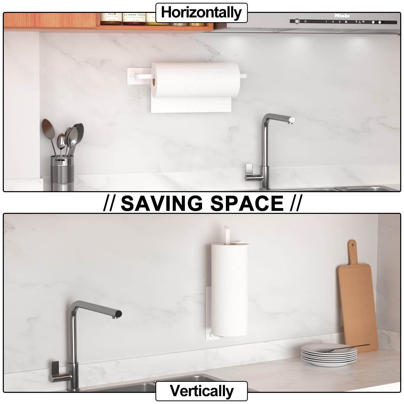 White Kitchen Roll Holder, Stainless Steel Paper Towel Holder for Kitchen, Self-Adhesive Kitchen Roll Holder Under Cabinet, Wall Mount Plastic Wrap Holder and Towel Rack