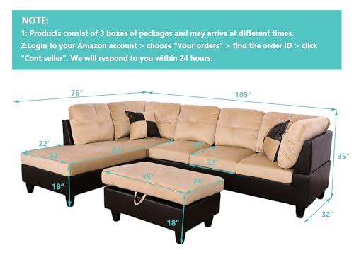 SIENWIEY Beige Sectional Couch for Living Room Set, 105 Inch Sectional Sofa L Shaped Couch with Storage Ottoman/Microfiber Fabric/Facing Left Chaise